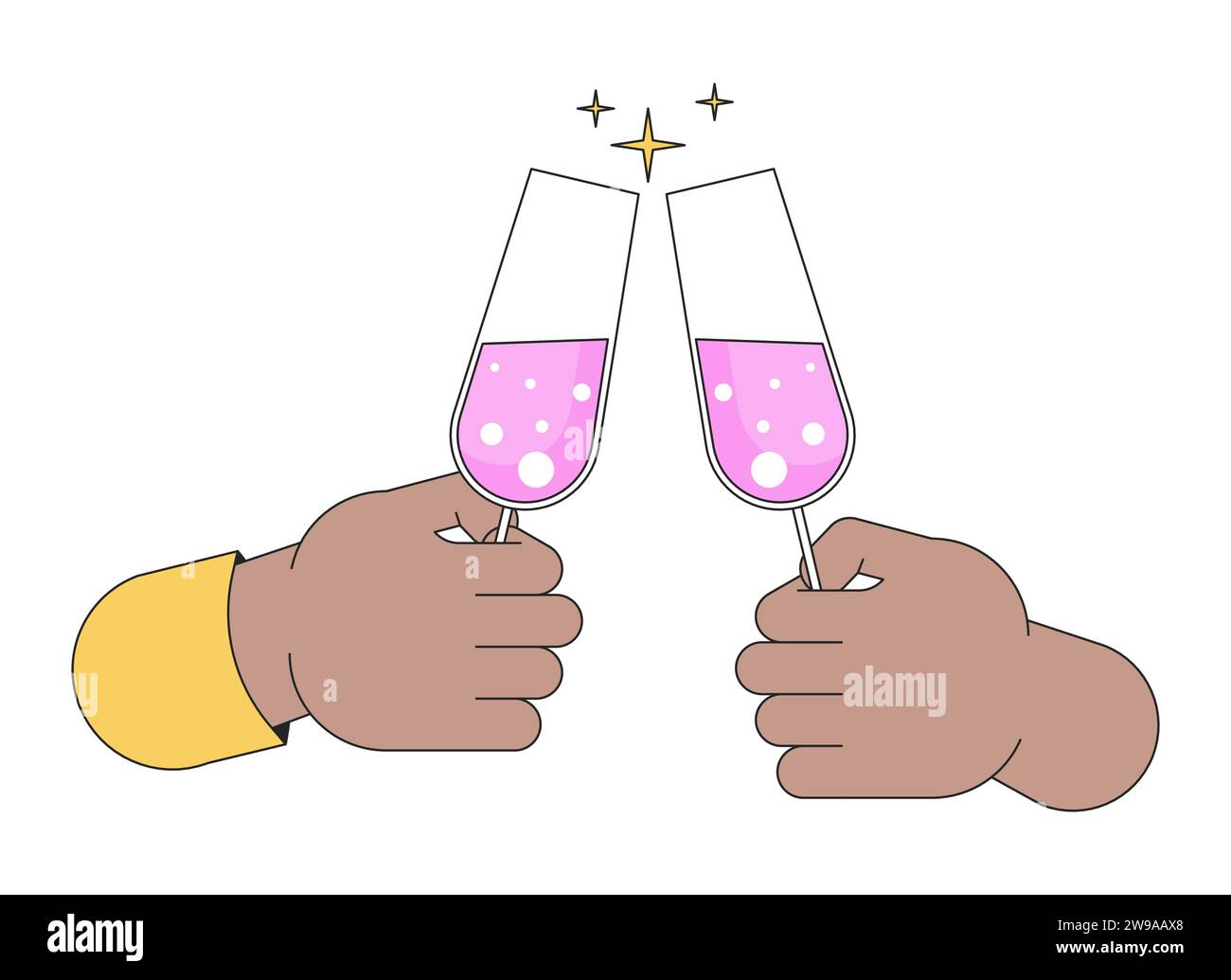 Champagne glasses clinking linear cartoon character hands illustration ...