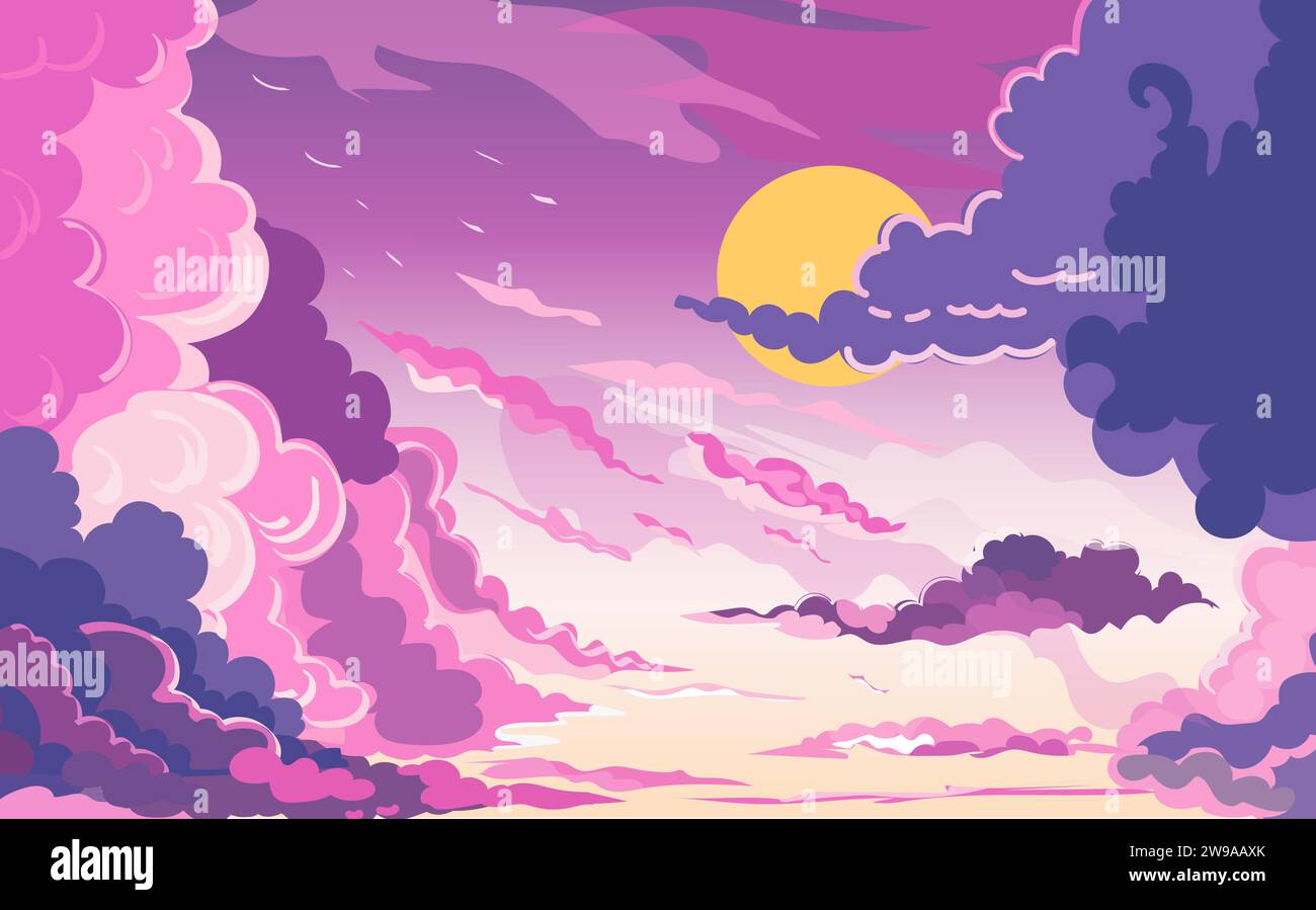 Beautiful cloudy landscape at sunset. Fluffy cumulus clouds flying over ...