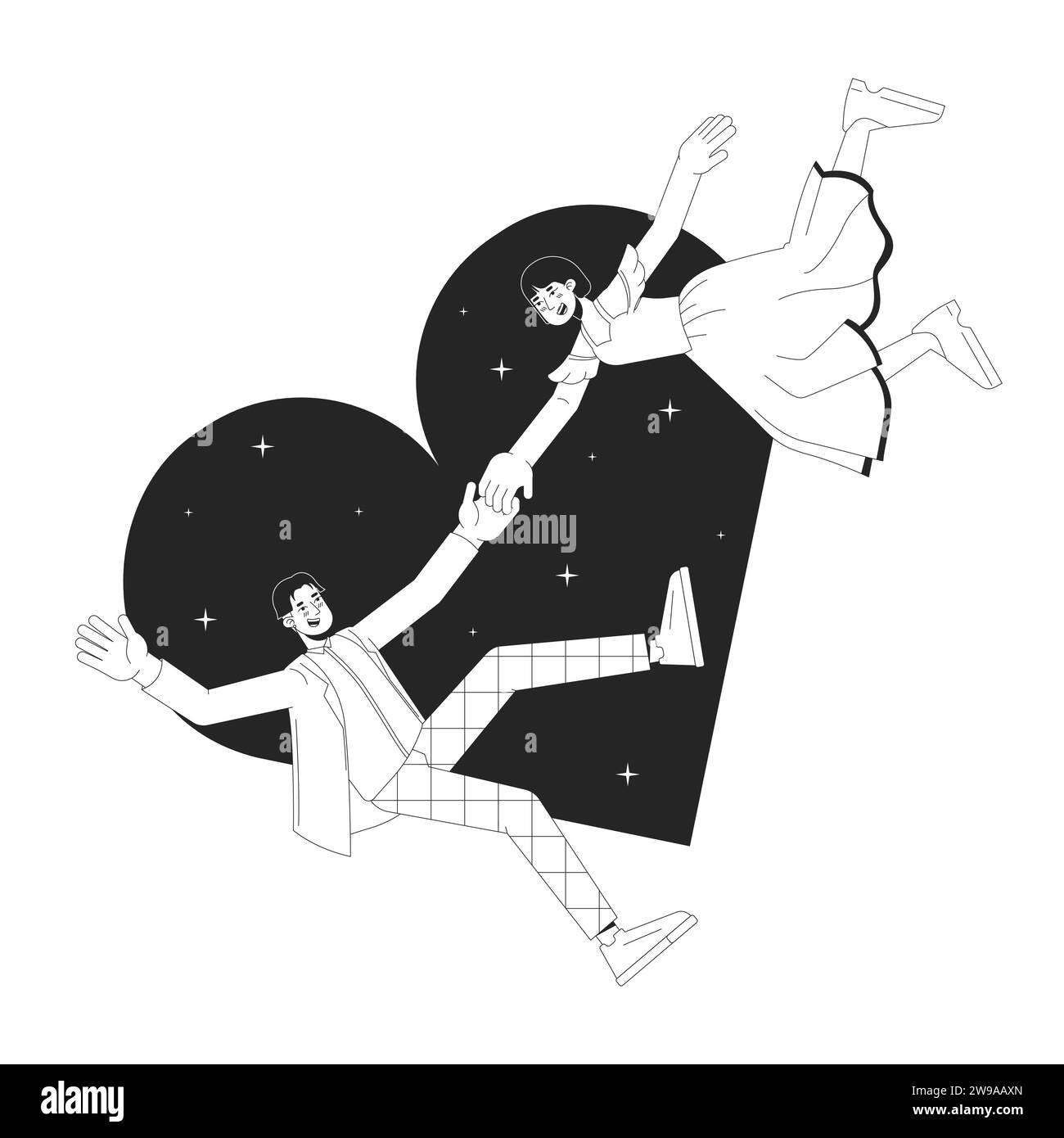 Asian couple love at first sight black and white 2D illustration ...