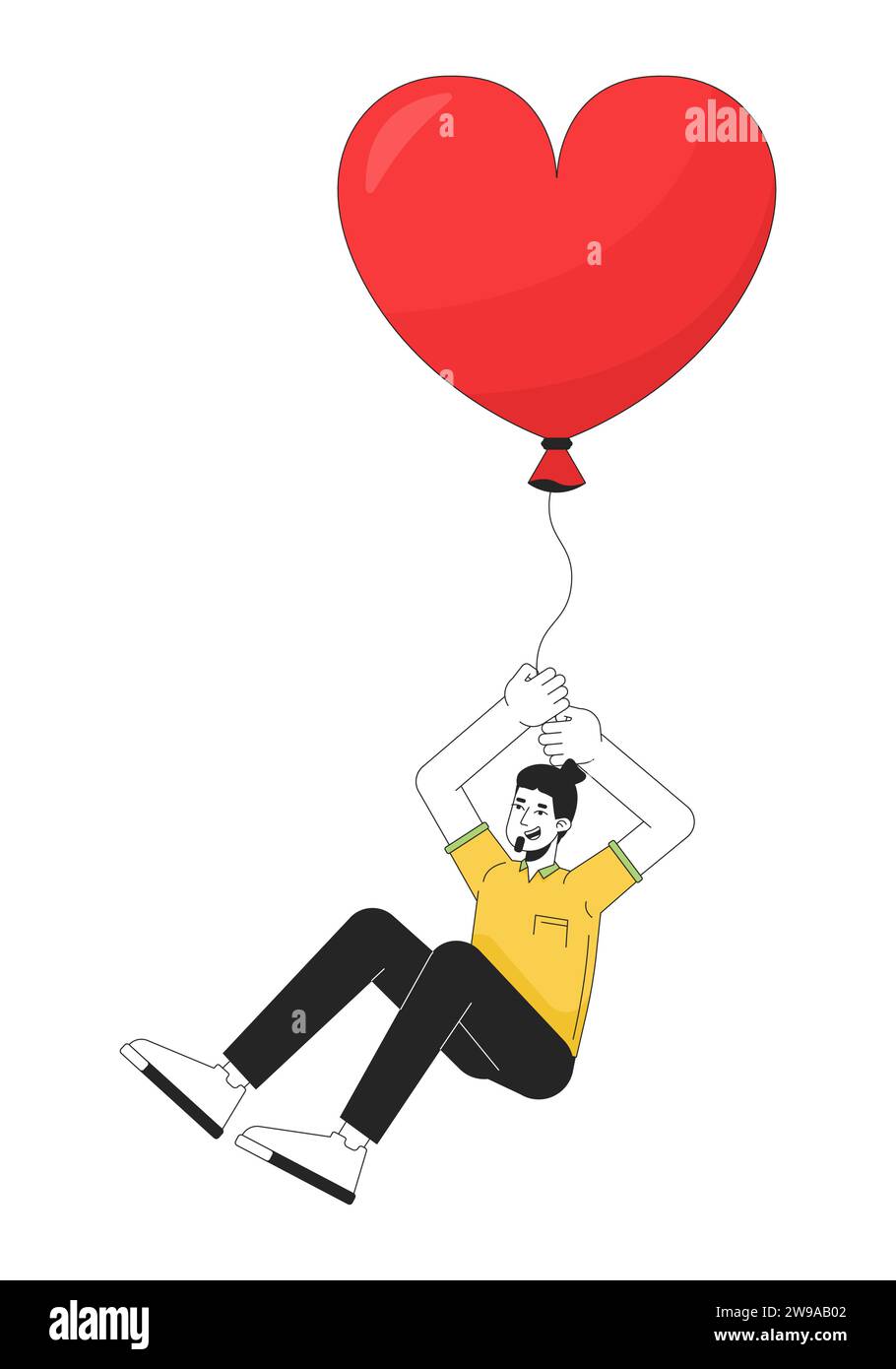 Caucasian adult man flying with balloon in hands 2D linear cartoon ...