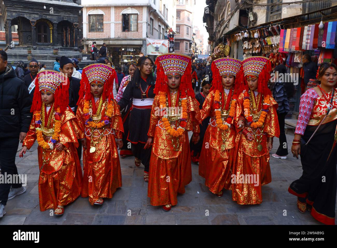 Kathmandu, NE, Nepal. 26th Dec, 2023. Girls dressed as a living goddess ...