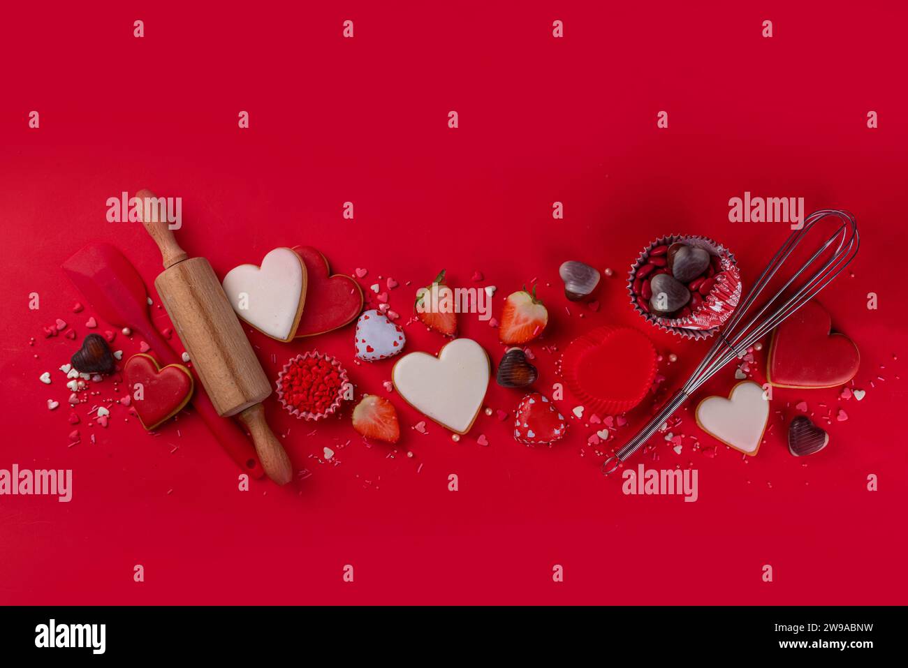 High-colored bright red Valentine day baking background, Various bakery ...