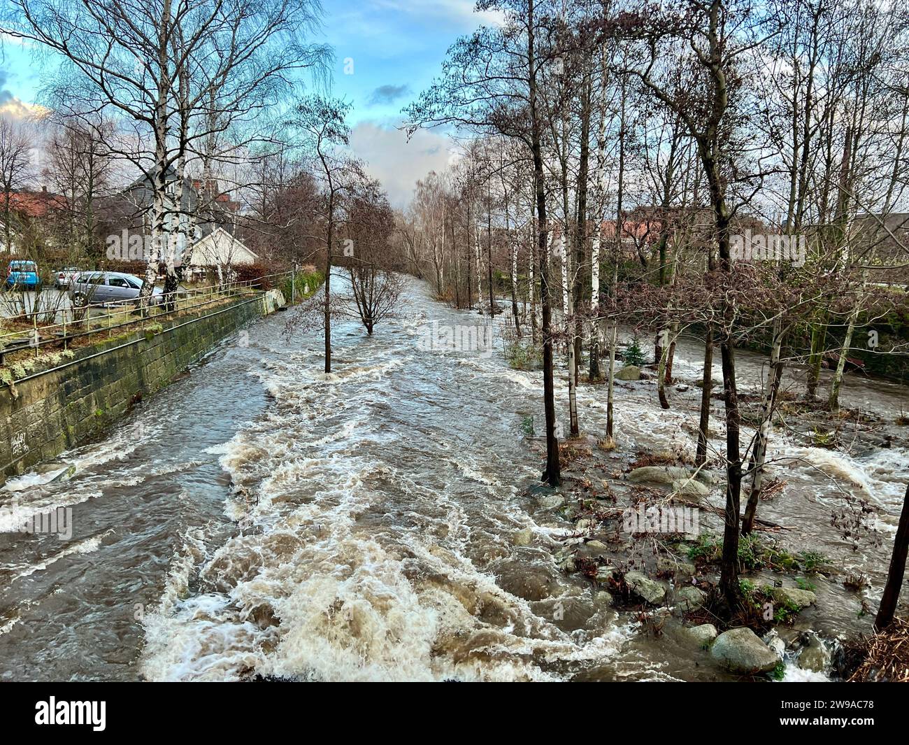 Oker, Germany. 26th Dec, 2023. The flooding Oker partially inundates ...