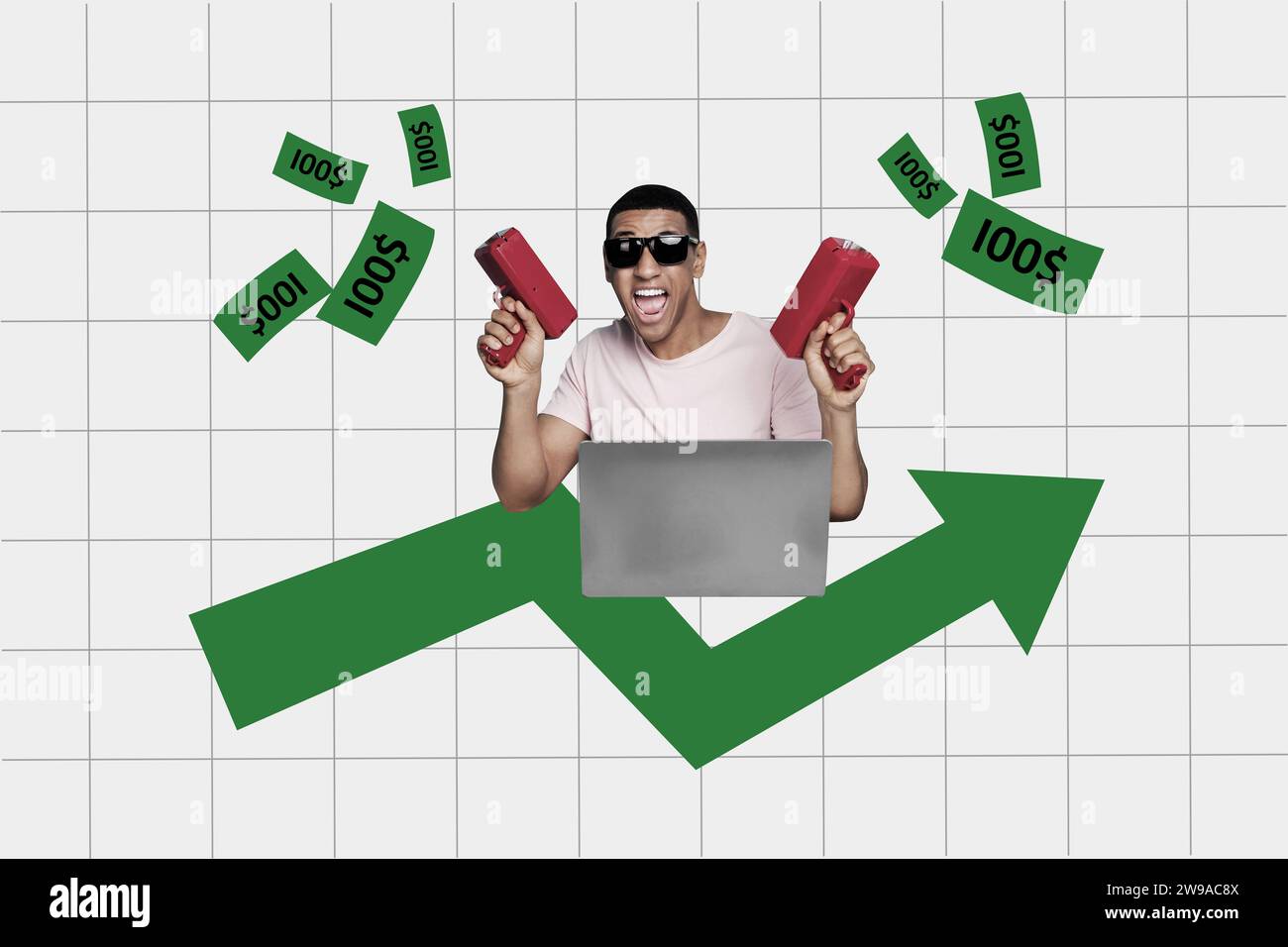 Photo collage sitting young swag man successful trade deal laptop pc ...