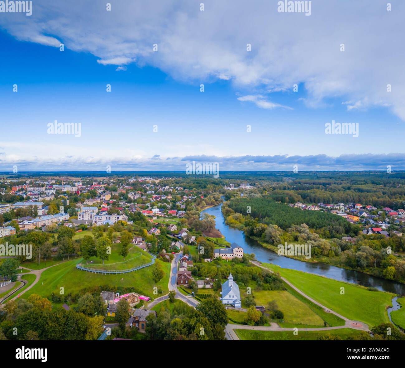 Aerial drone view of Ukmerge city in Lithuania. Day photo with Ukmerge ...