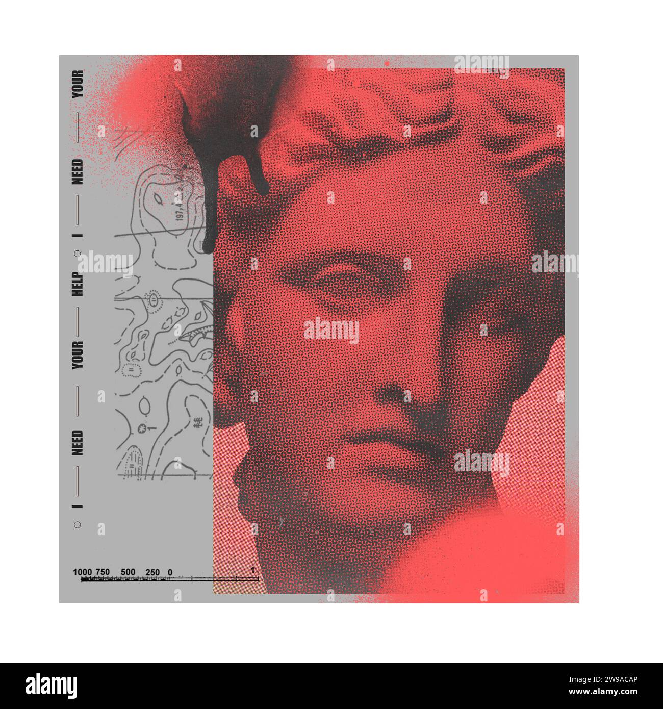 Dot art. Textured effect. Antique statue bust in red light. Abstract ...