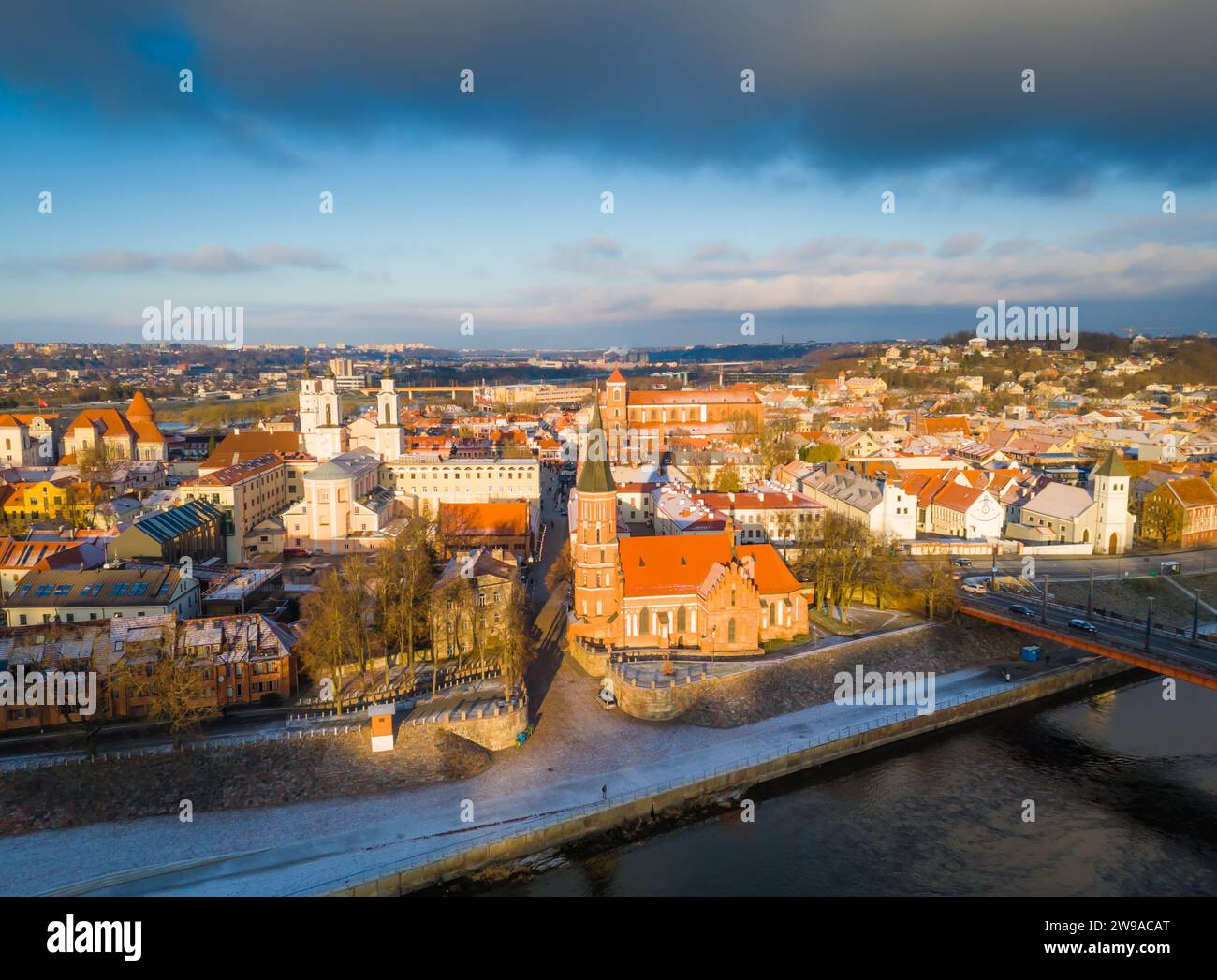 Aerial view of Kaunas old town in winter. Drone view of city center and ...