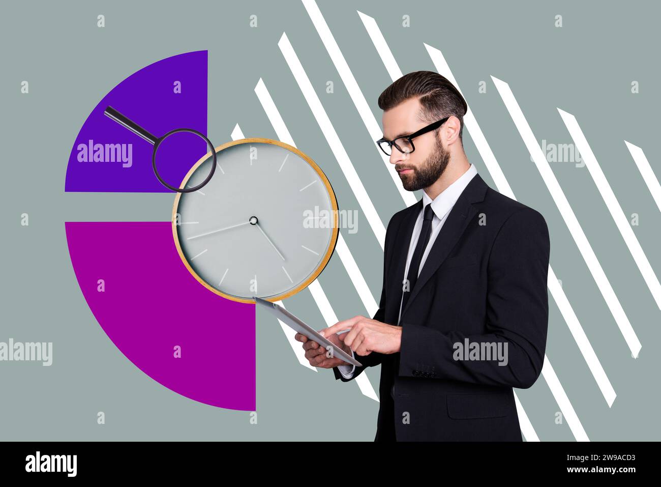Collage portrait of elegant successful guy use tablet magnifier lens ...