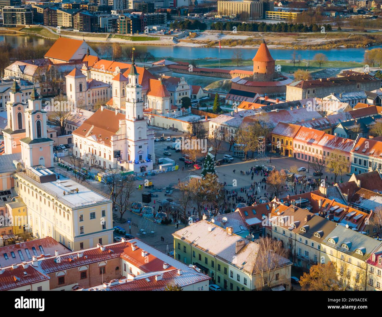 Aerial view of Kaunas old town in winter. Drone view of city center ...