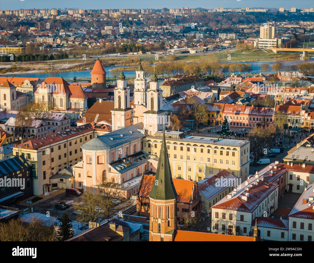 Aerial view of Kaunas old town in winter. Drone view of city center ...