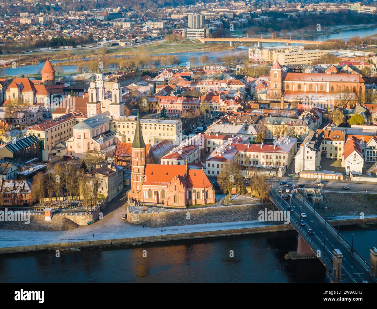 Aerial view of Kaunas old town in winter. Drone view of city center ...