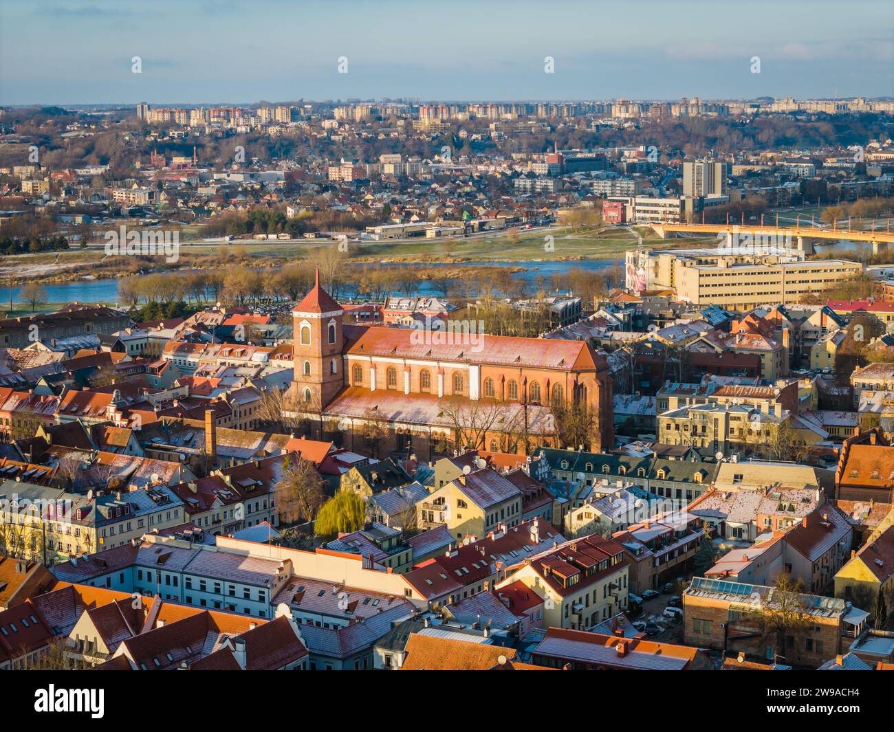 Aerial view of Kaunas old town in winter. Drone view of city center ...