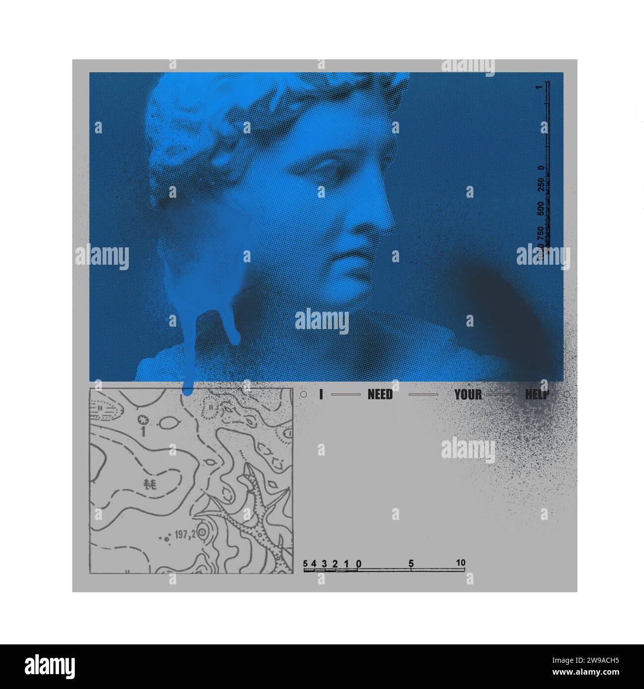 Antique statue bust in blue color with texted effect. Design for banner ...