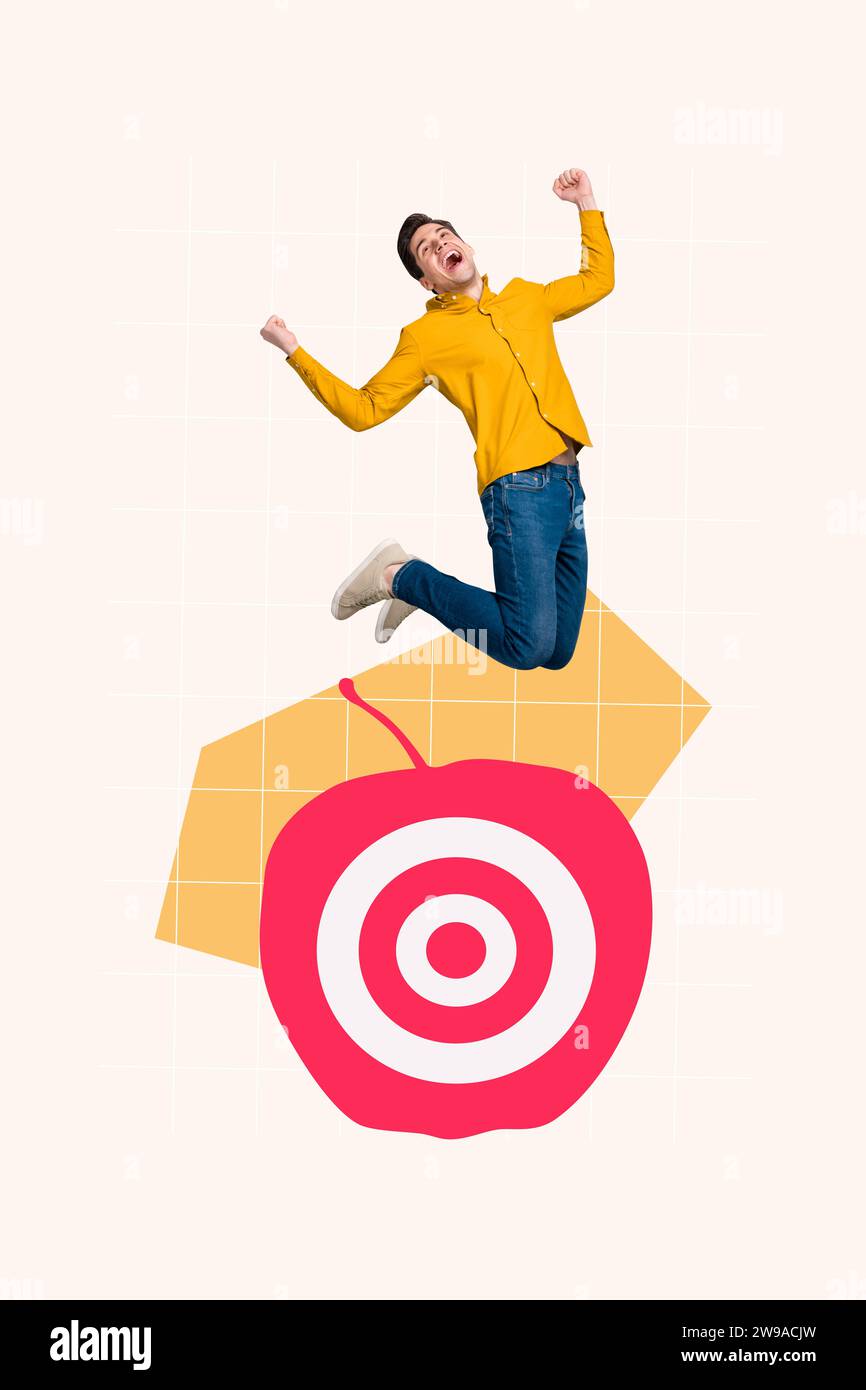 Vertical collage picture of overjoyed mini guy jumping raise fists ...