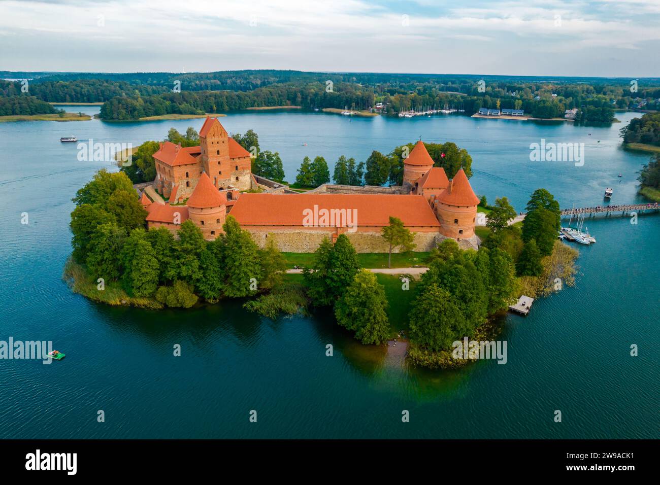 Aerial view of Trakai castle. Medieval gothic Island castle, located in ...