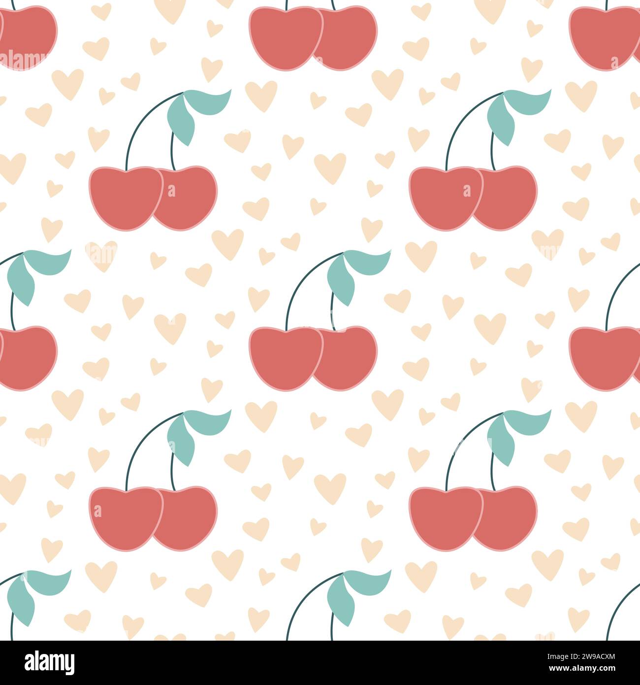 Cute seamless pattern of cherries and hearts. Berry romantic background ...