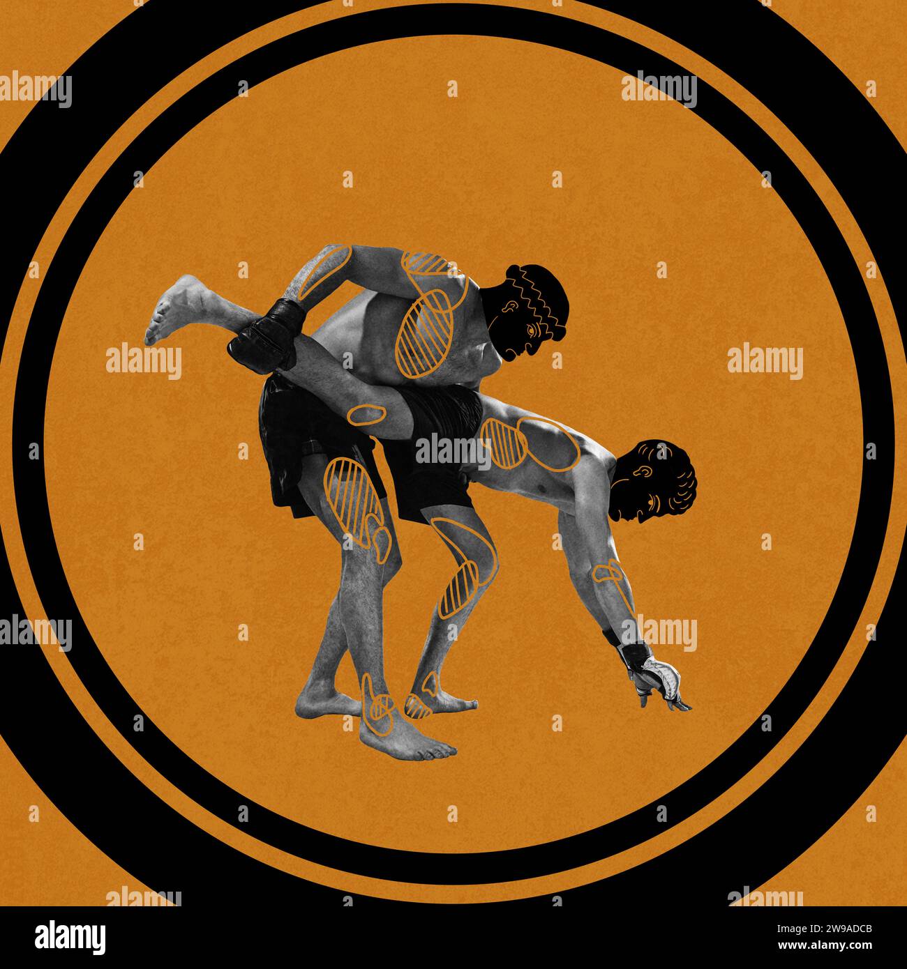 Muscular competitive man, boxing, mma athletes with drawn head of ...