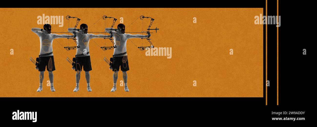 Man with ancient male head drawing, archer aiming arrow on target over ...