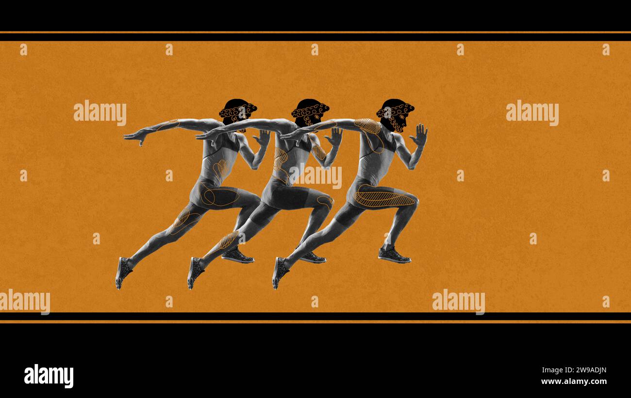 Young athletic man, runner with ancient drawn head, athlete in motion ...