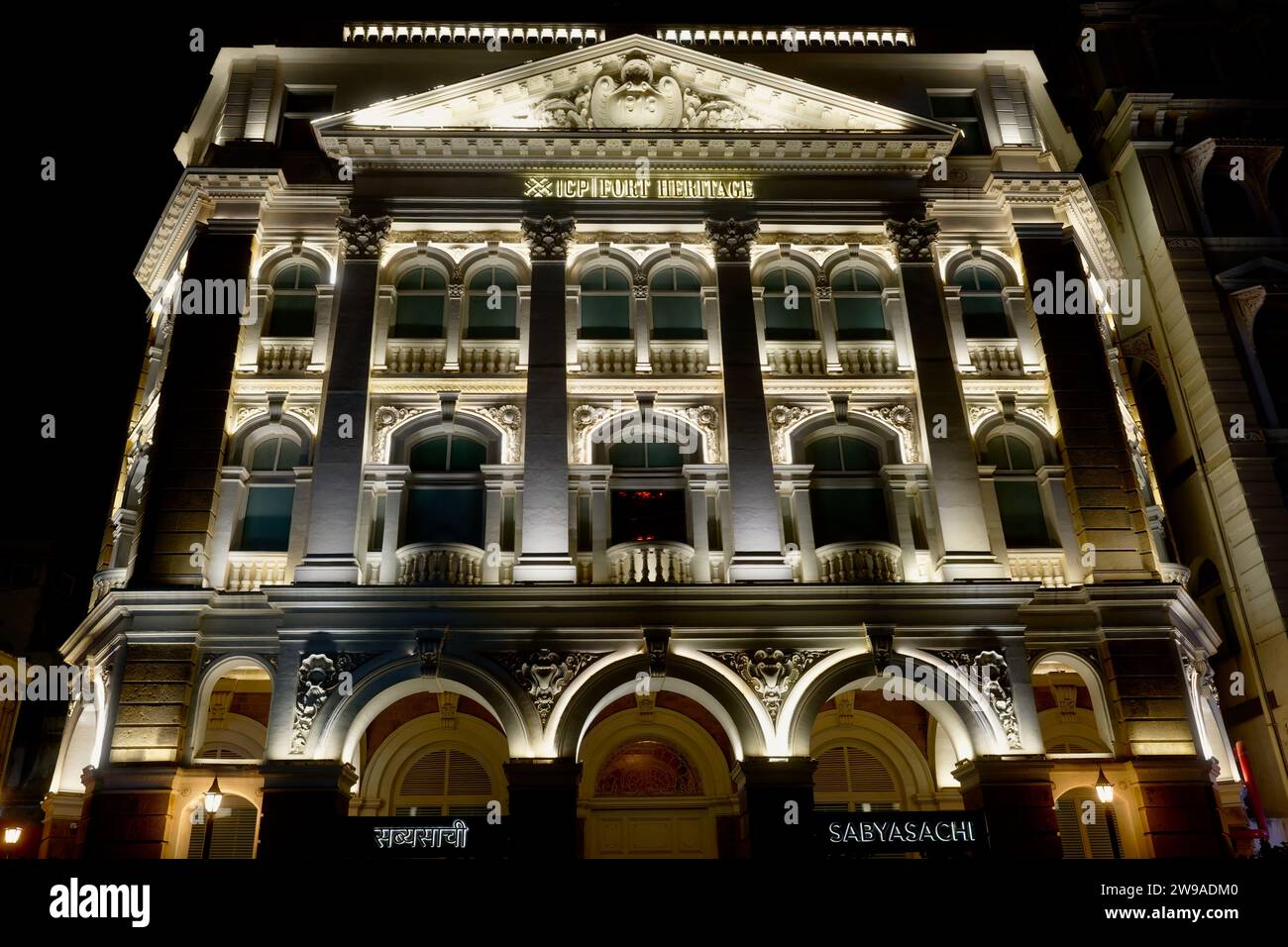 Night view of the illuminated IPC Fort Heritage Building, since 2021 ...
