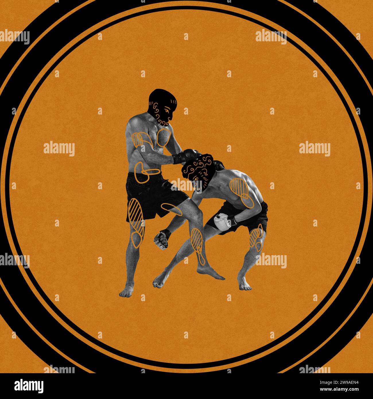 Muscular competitive man, boxing, mma athletes with drawn head of ...