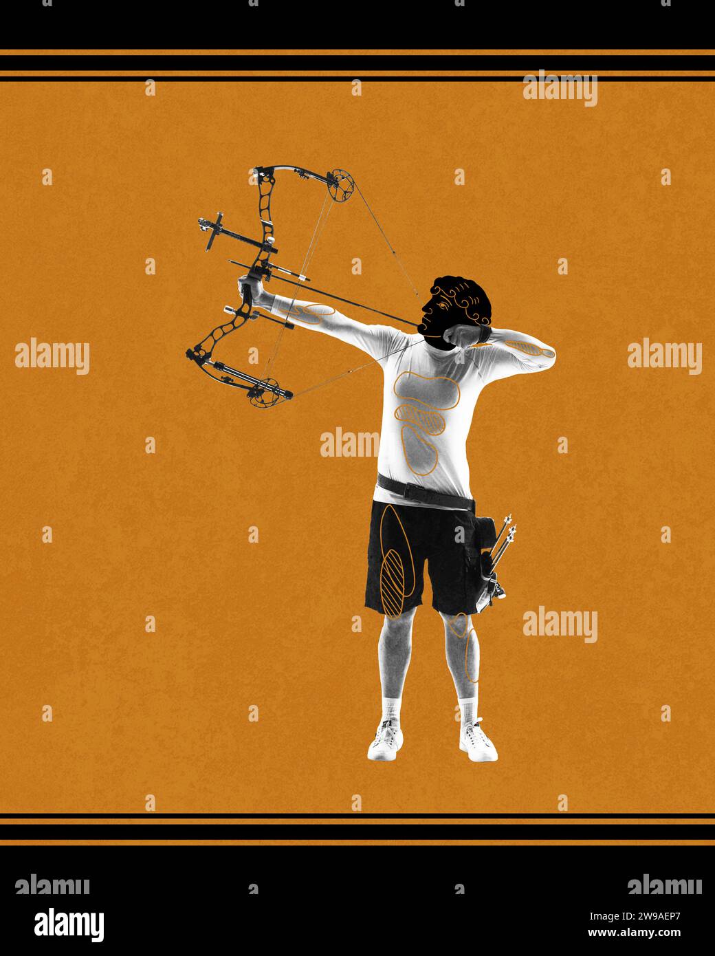 Man with ancient male head drawing, archer aiming arrow on target over ...