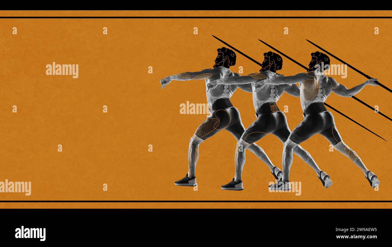 Strong muscular man, athlete practicing, throwing javelin over orange ...