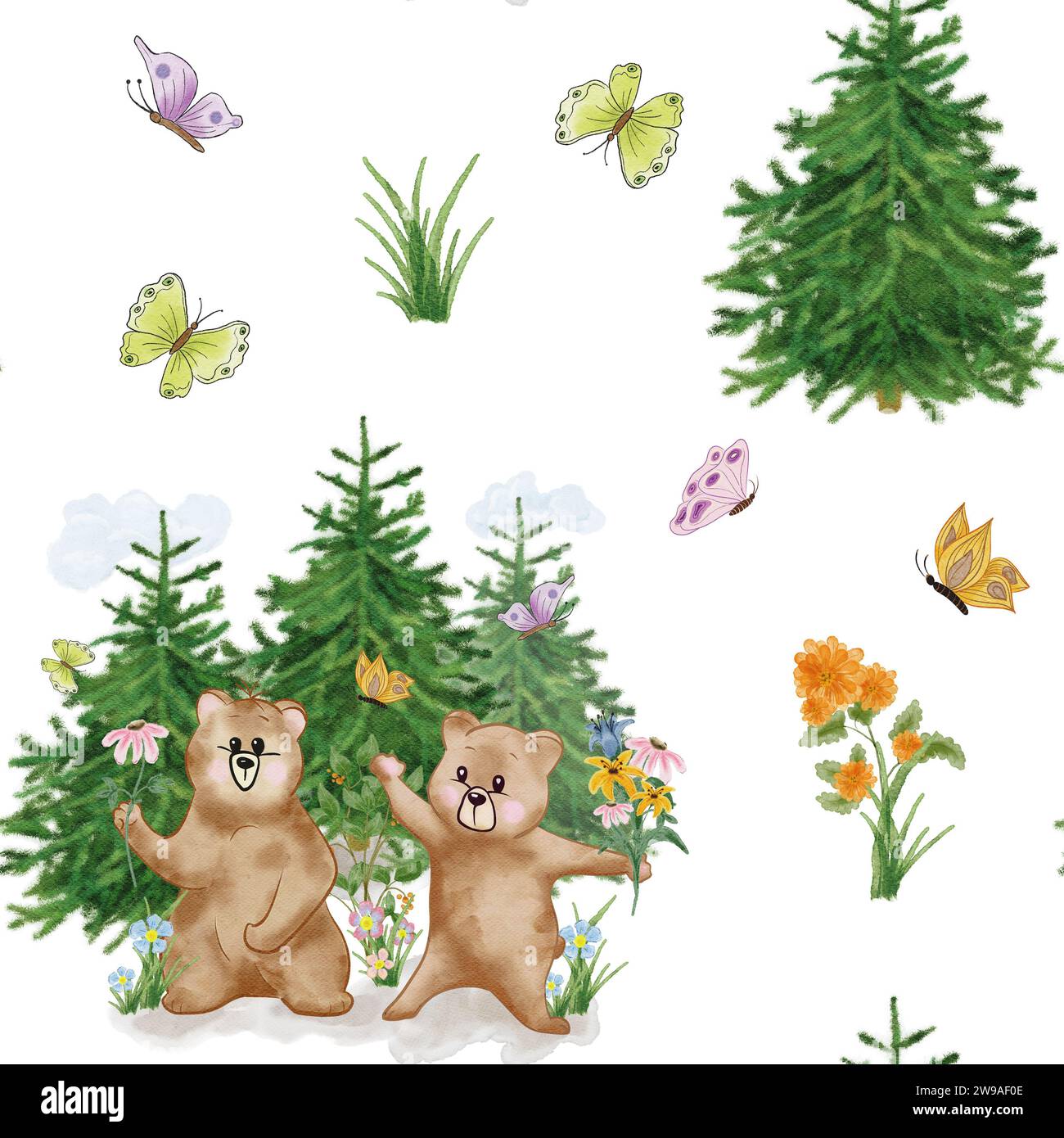 Bear Seamless pattern with funny bears. Teddy bear with flowers and ...