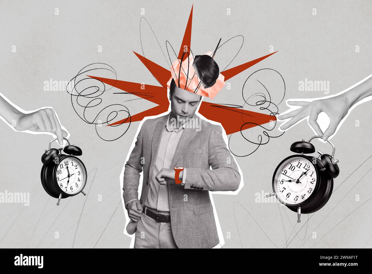 Creative collage picture illustration black white filter serious ...