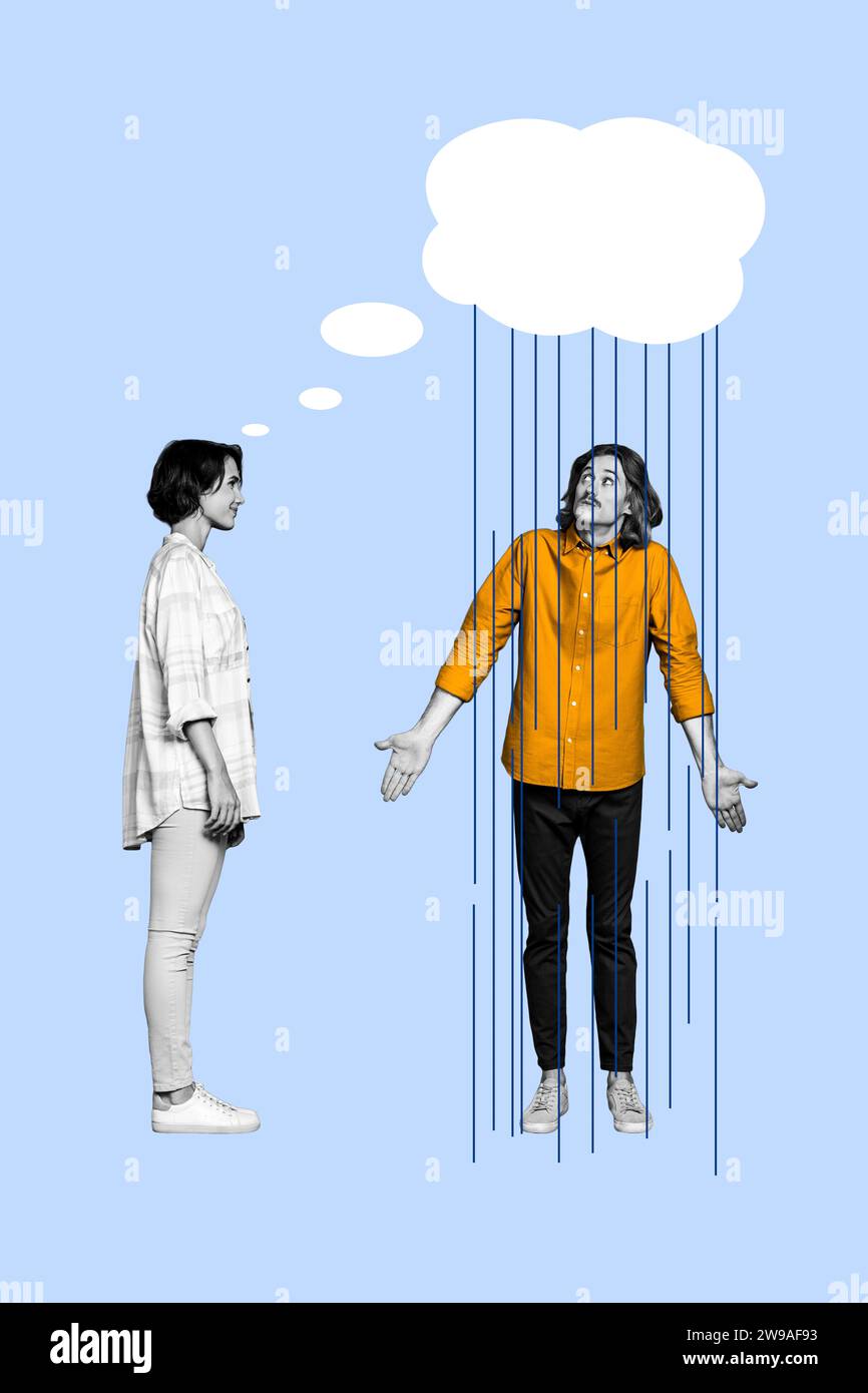 Vertical photo collage of offended girl think about rain from cloud ...