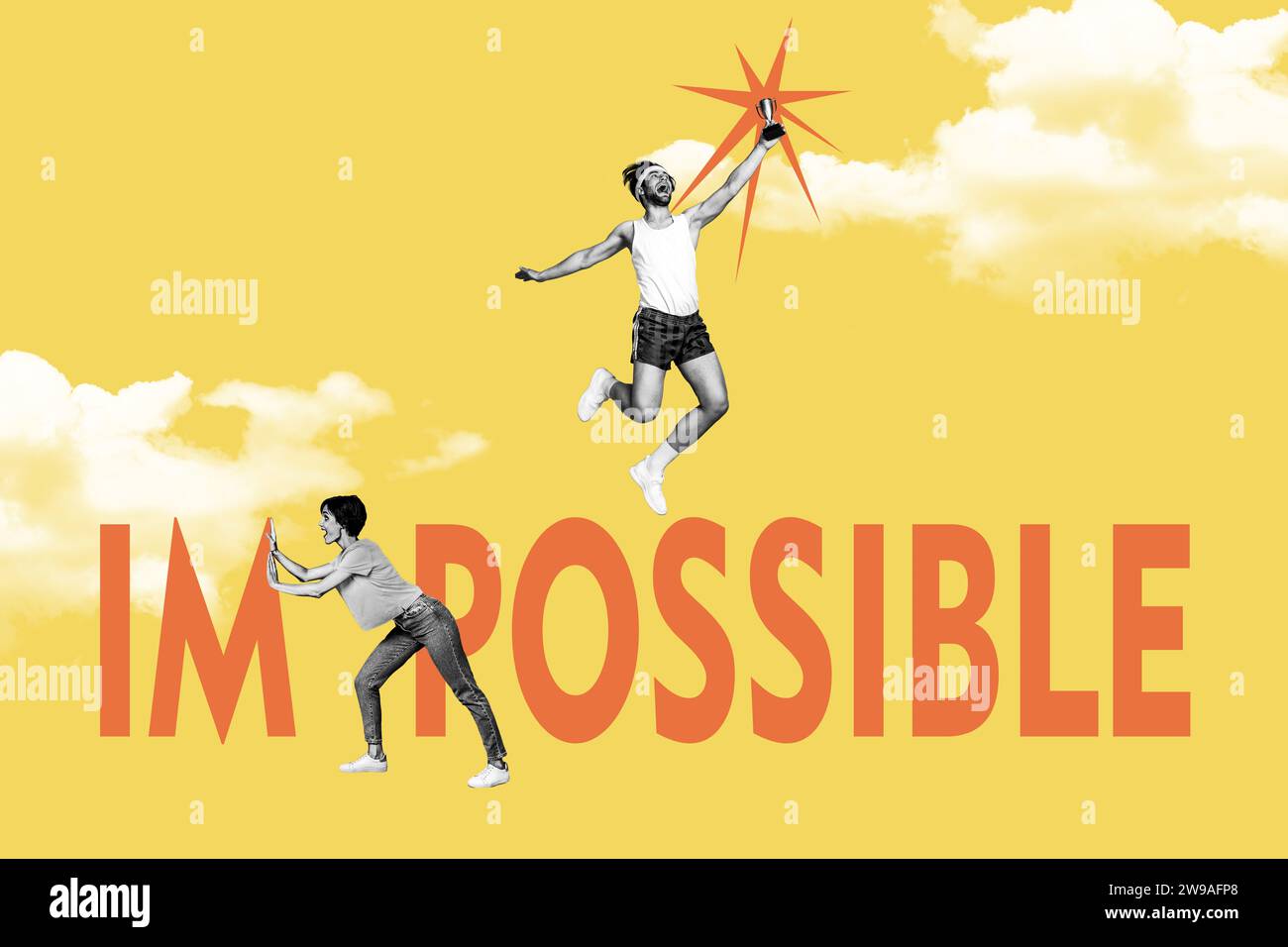 Creative collage poster picture crazy sportive man celebrating victory woman pushing letter ...