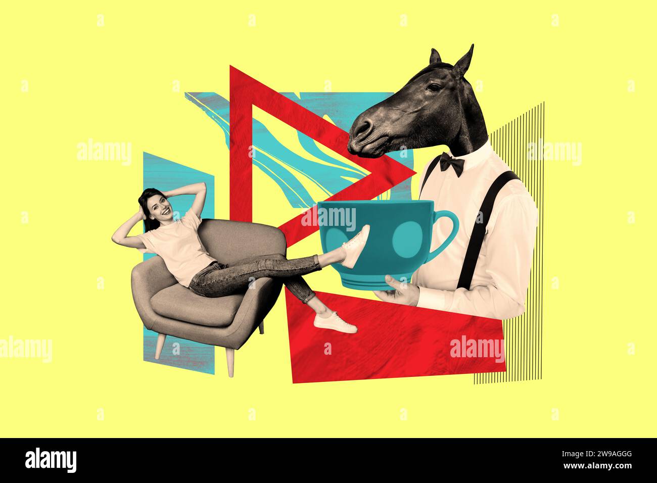 Creative trend collage of waiter horse head tea coffee cup delivery ...