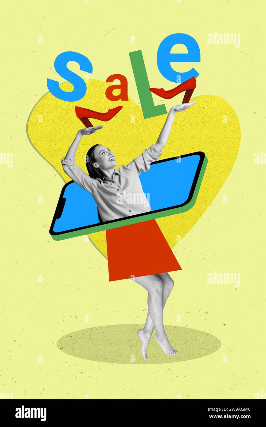 Pop pinup collage advert of happy excited girl shopaholic using smart ...