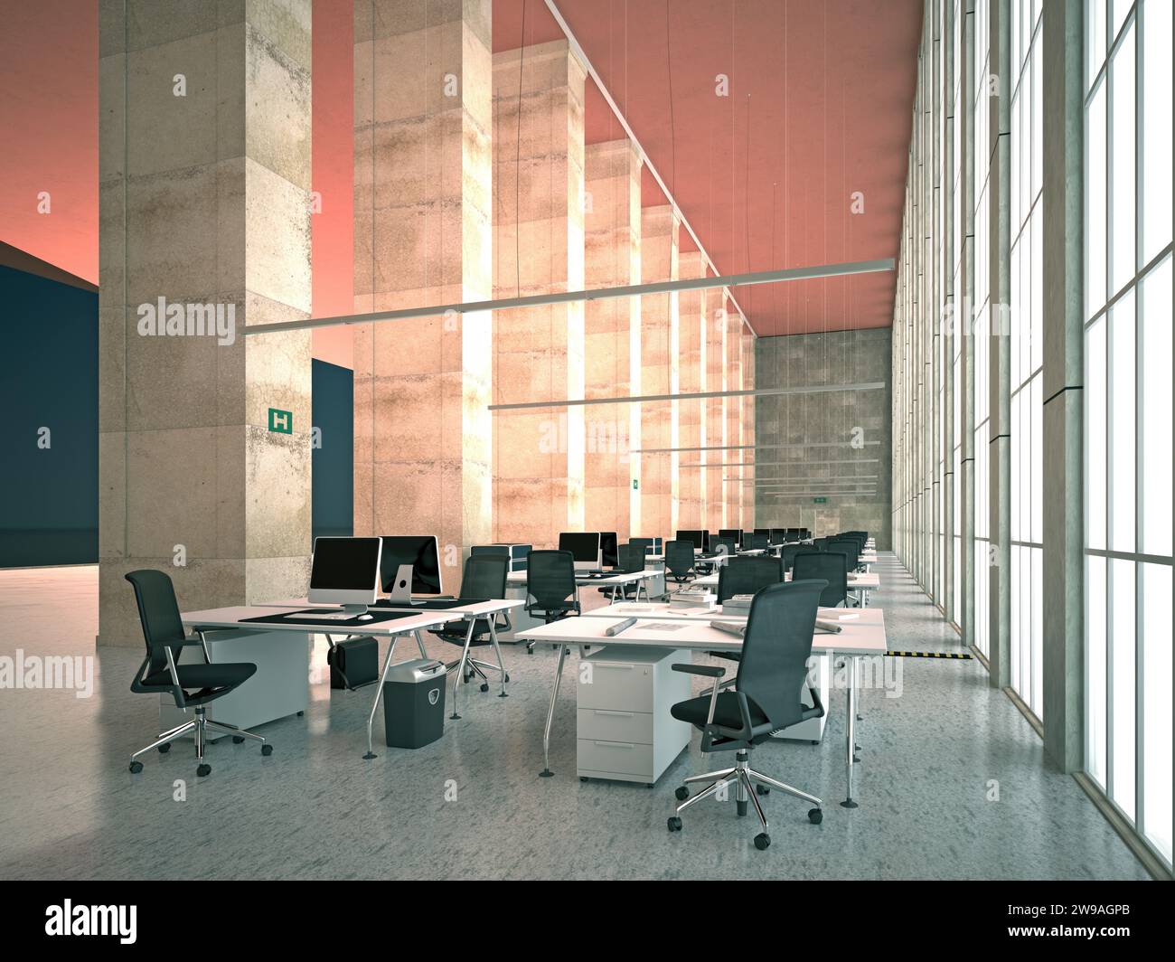 Interior of modern office hall with concrete floor Stock Photo - Alamy
