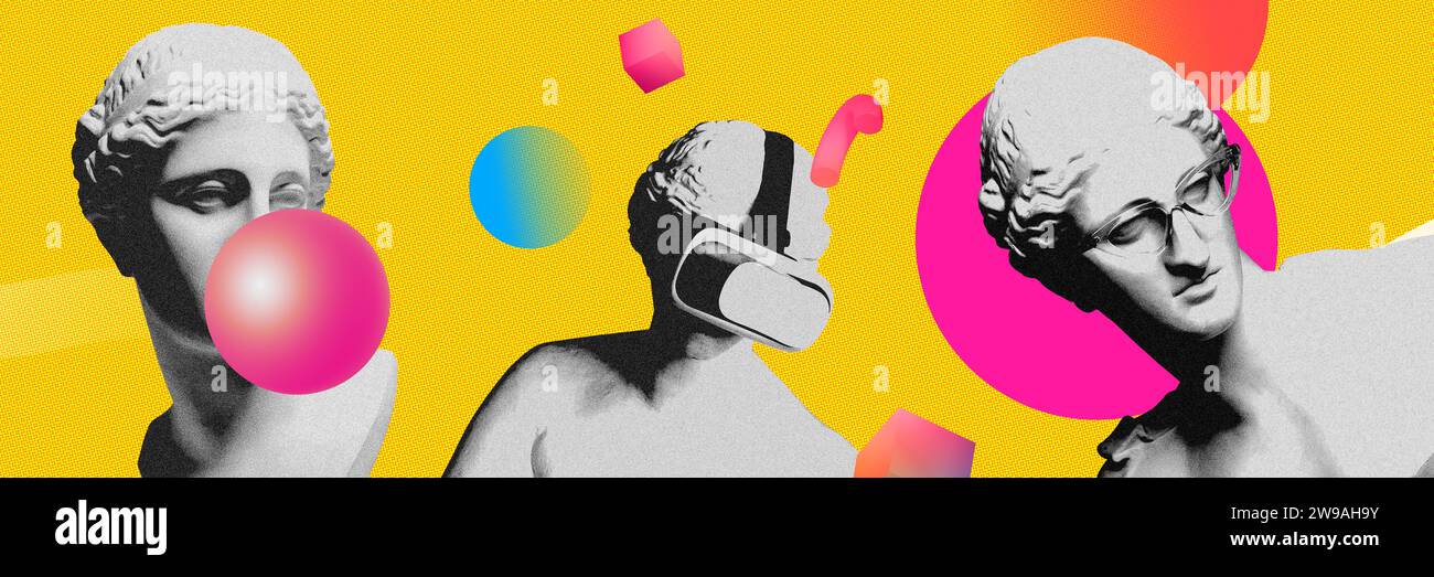 Bright design with antique statue busts over yellow background with ...