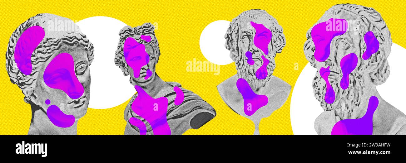 Antique statue busts with colorful purple pain elements over bright ...