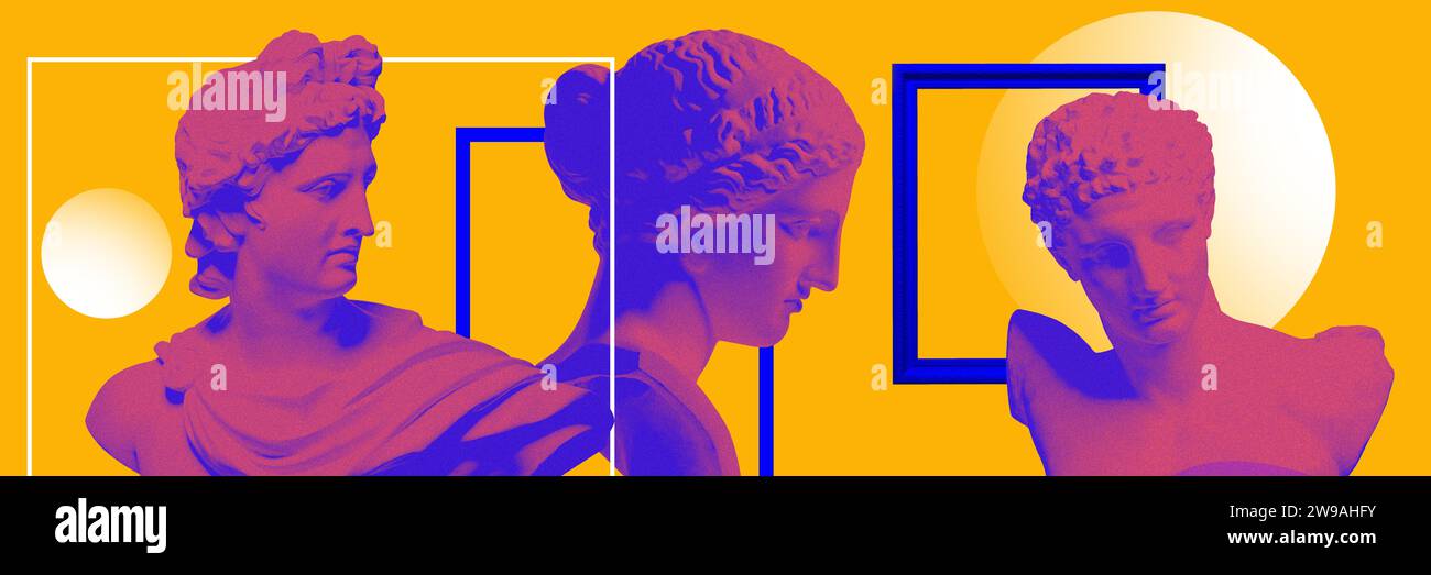 Museum, exhibition. Monochrome antique statue busts in purple neon ...