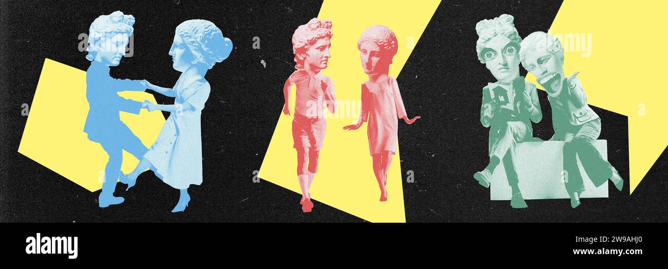 Couples, men and women with antique statue busts dancing, walking ...