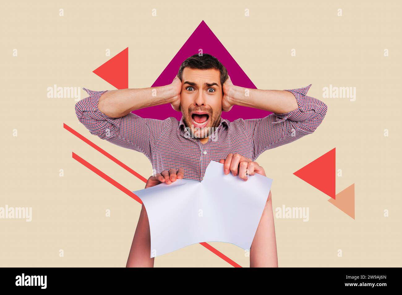 Photo collage image frustrated scared man despair feeling hold head ...