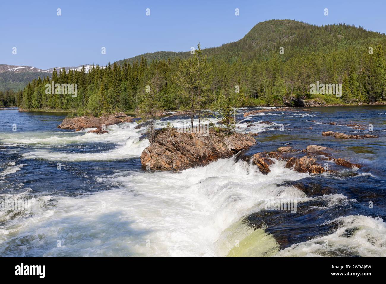 Summer sun casts a radiant glow over cascading rapids in Namsskogan ...