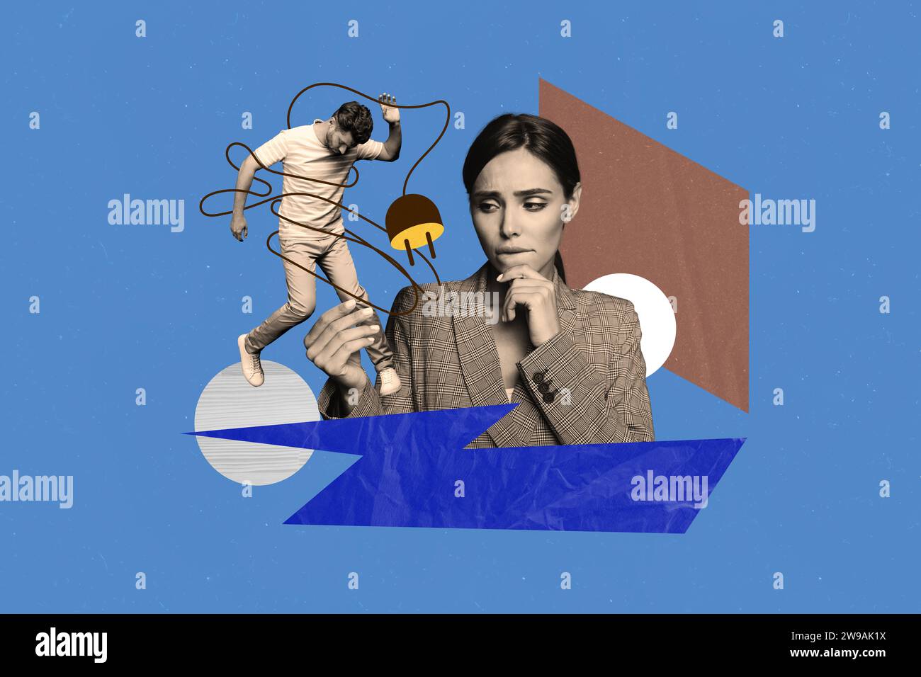 Composite collage image of worried woman plug socket electricity bill ...