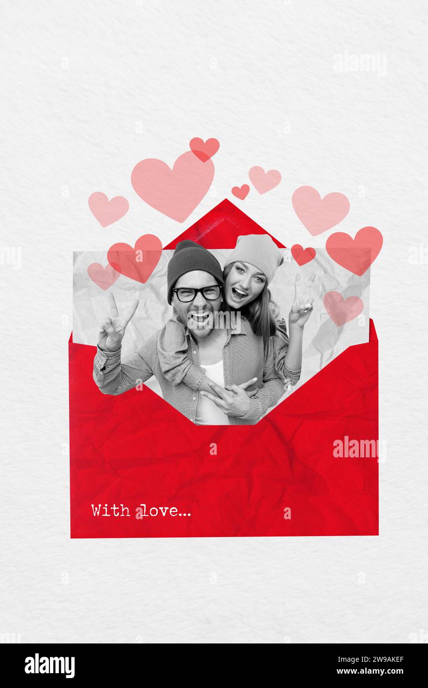 Vertical collage picture of two excited black white colors lovers ...