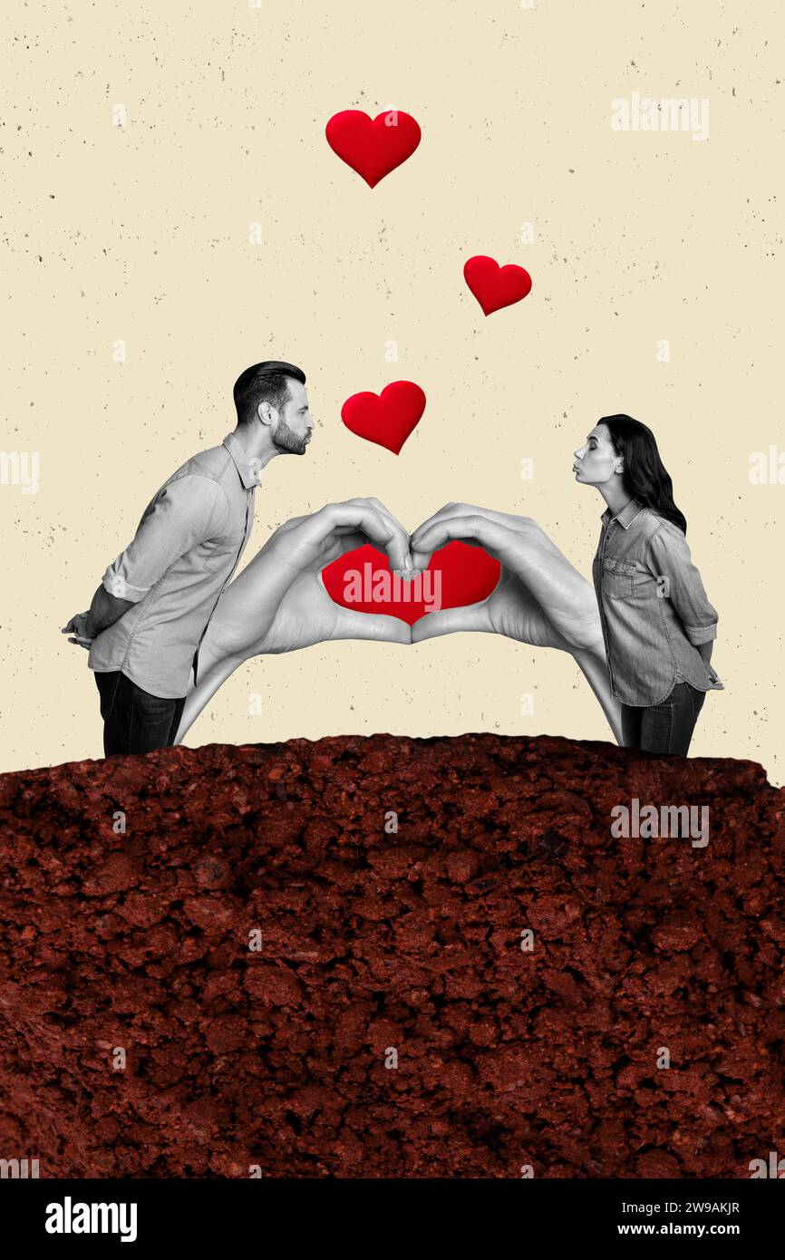 Creative greeting card photo collage of cute couple love kiss on ...