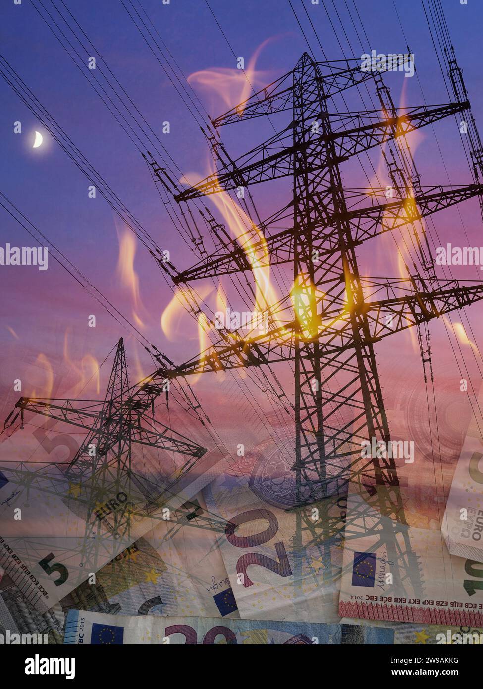 Power pylons with a colorful evening sky. Burning banknotes as a symbol ...