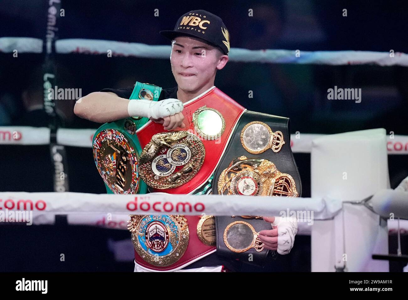 Naoya Inoue of Japan celebrates with his four champion belts, after ...