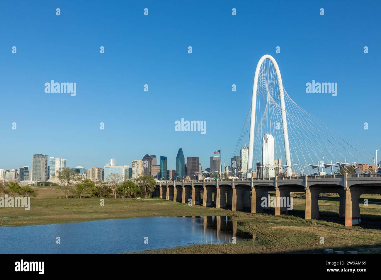 scenic skyline Panoramaof Downtown Dallas seen from Trinity River with ...
