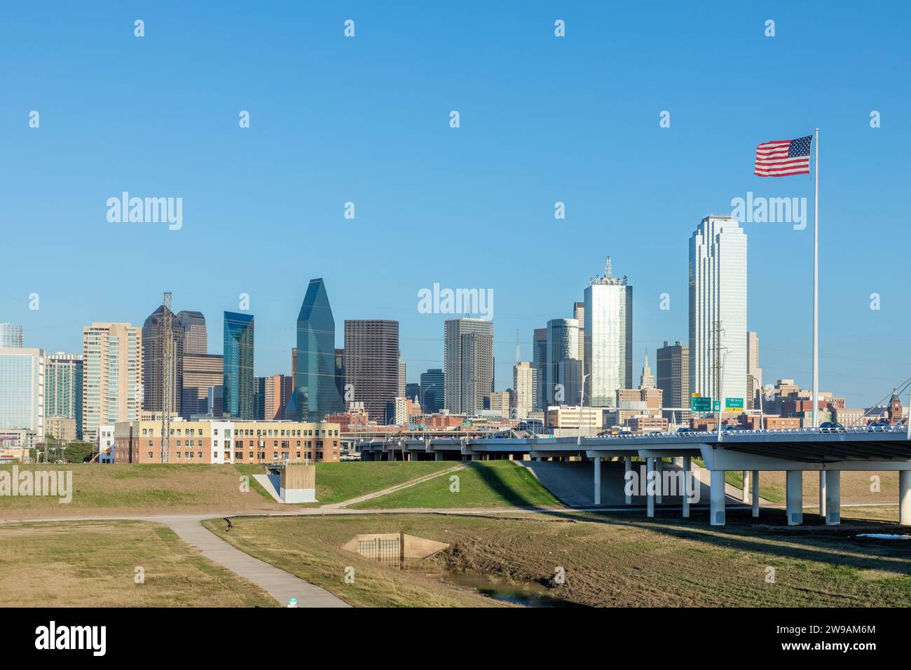 scenic skyline Panoramaof Downtown Dallas seen from Trinity River with ...