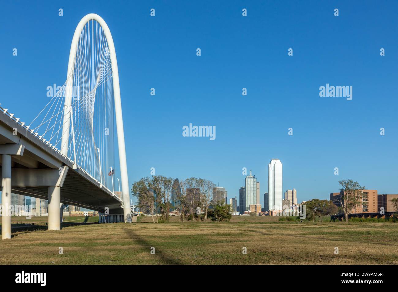 scenic skyline Panoramaof Downtown Dallas seen from Trinity River with ...