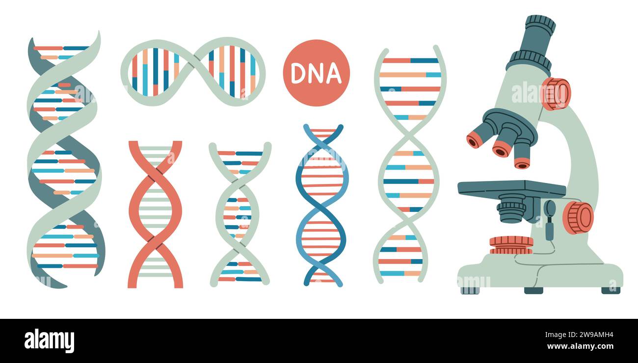 Set of DNA and microscope. Life gene model bio code genetics molecule ...