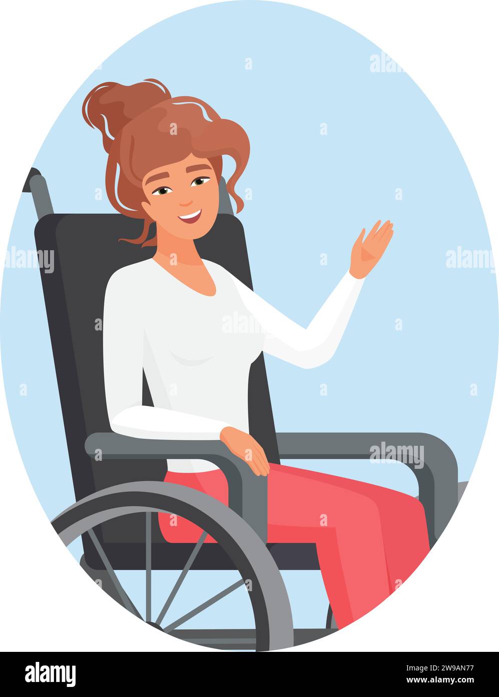 Woman in a wheelchair shows hello. Smiling woman with disability waving ...